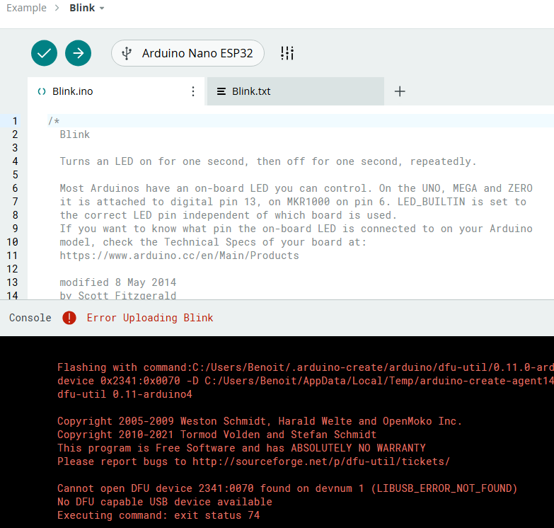Error : No DFU capable USB device available - Nano ESP32 - Arduino Forum Error : No DFU capable USB device available - Nano ESP32 - Arduino Forum
