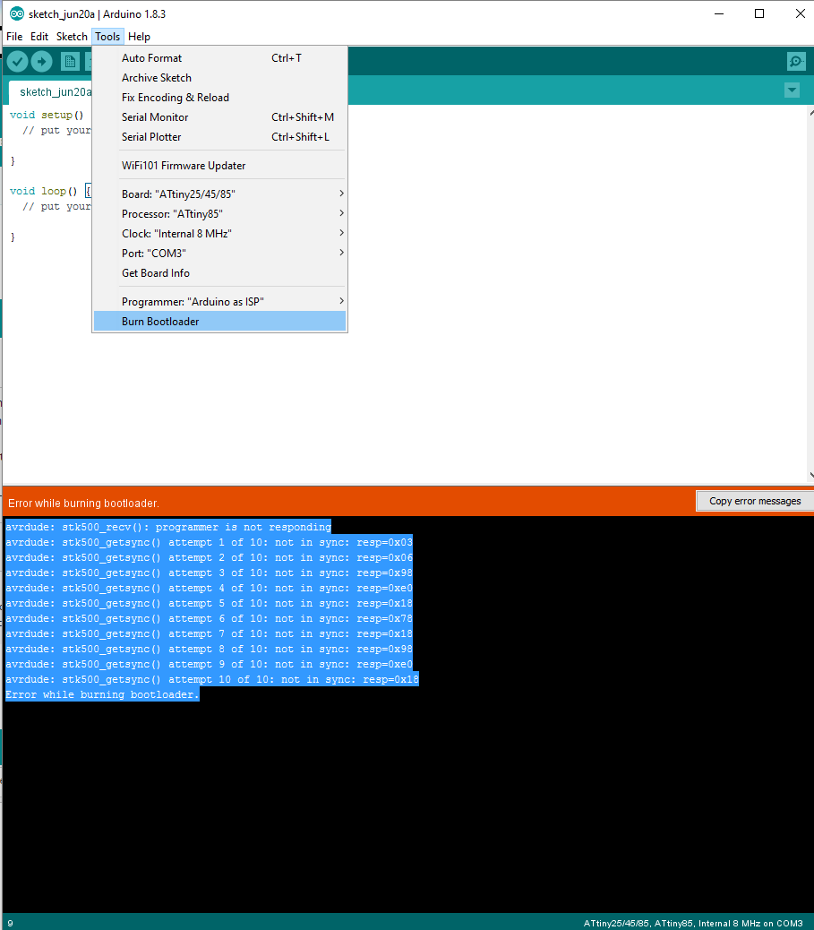 AtTiny 85 Bootloader FAIL - 3rd Party Boards - Arduino Forum