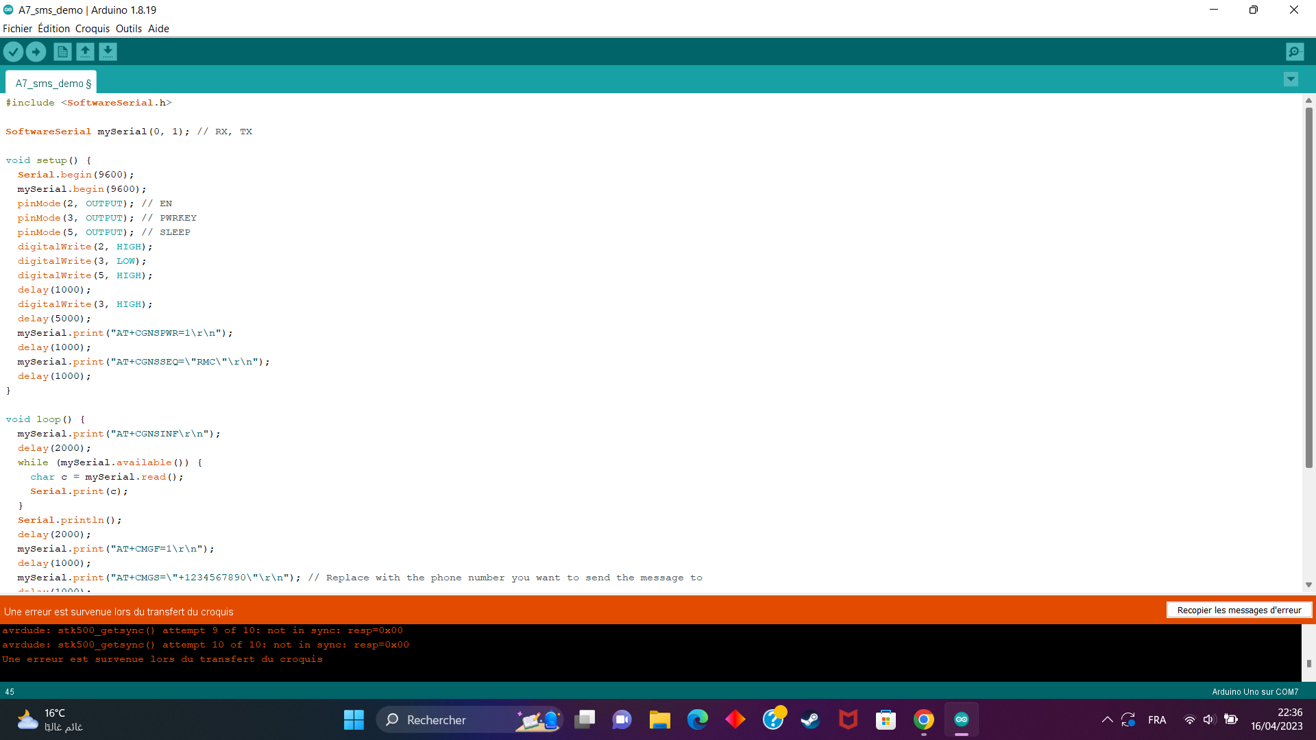 Here's an Arduino code that uses the SIM A7 AI Thinker Version 7.1 module to send an SMS message ...