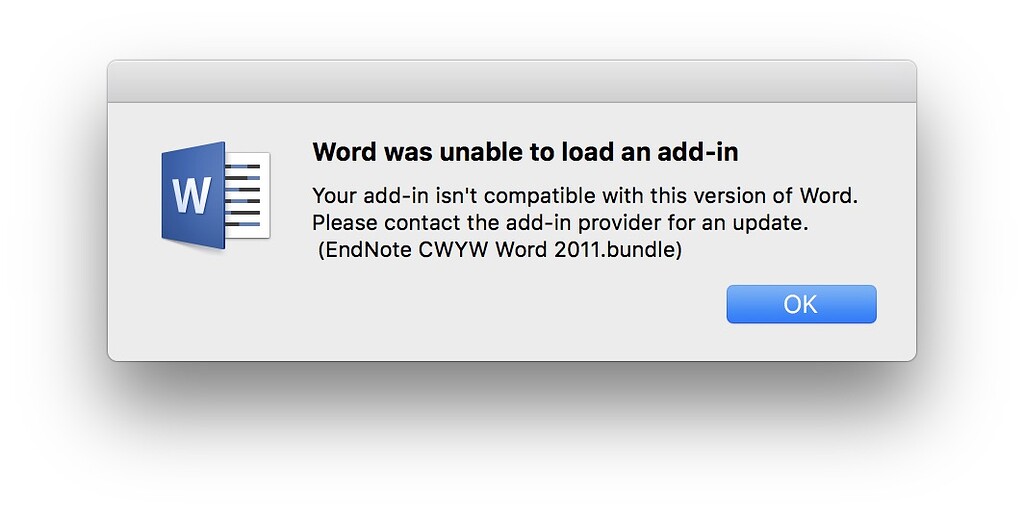 "word was unable to load an add-in" error message at launch of Word for Mac 15.25 despite update ...