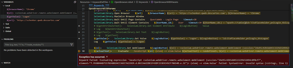 Syntax error with Evaluate JavaScript - SeleniumLibrary - Robot Framework