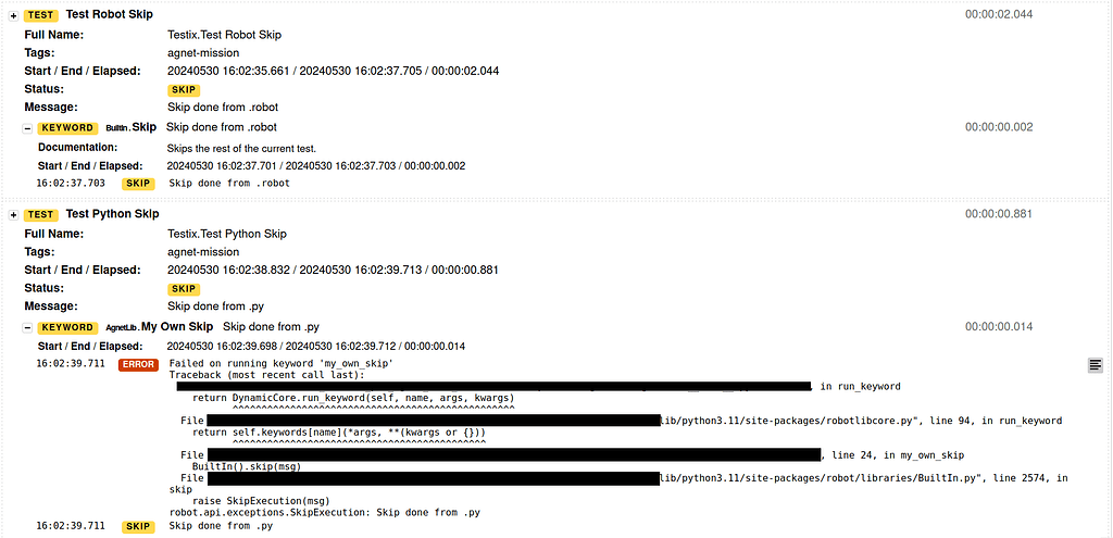 Skip done from Python library keyword shows error in log - Robot Framework - Robot Framework