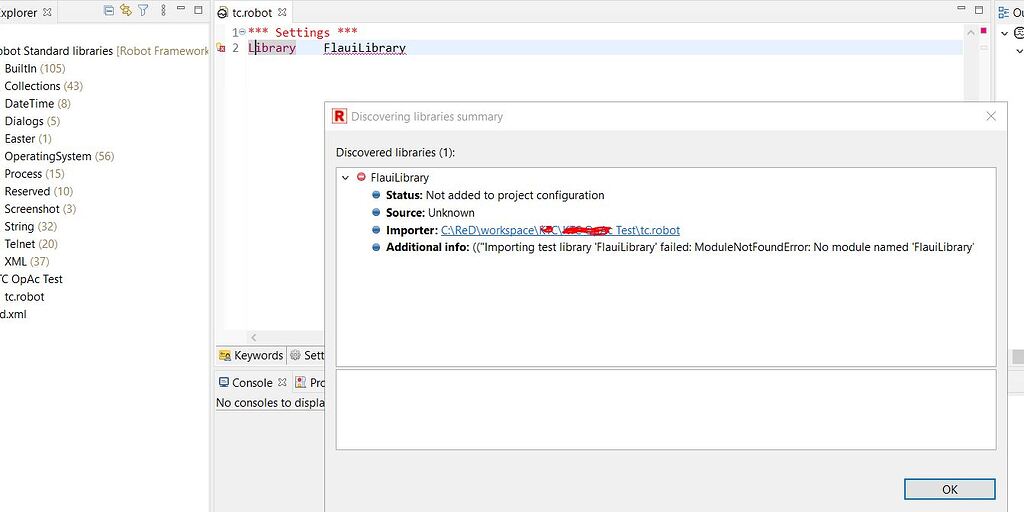 Unable to import Flaui library in workspace - Robot Framework - Robot Framework