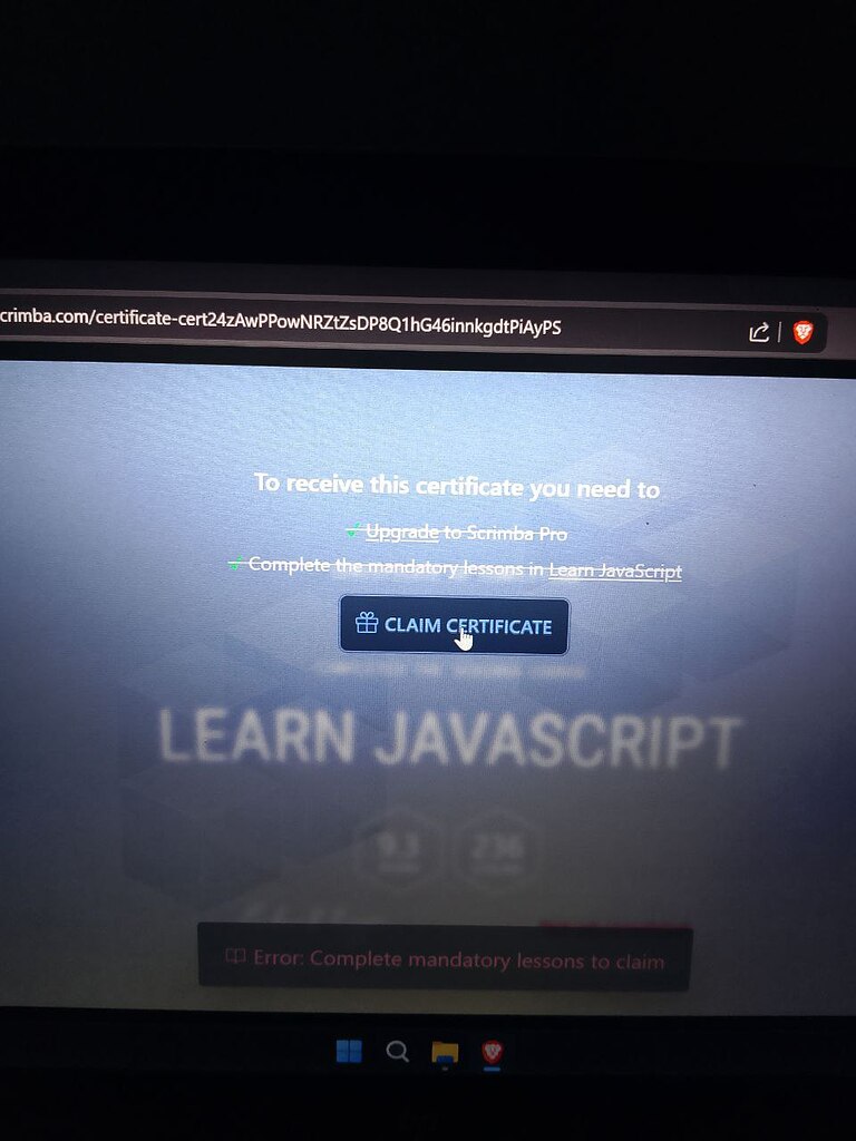 Unable to get Javascript Certificate after completion - Javascript - Scrimba