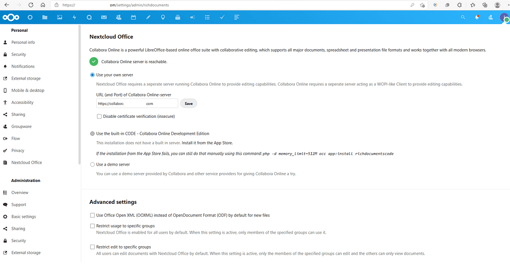 Failing to load Nextcloud Office, yet the Collabora Online server is reachable in Nextcloud ...