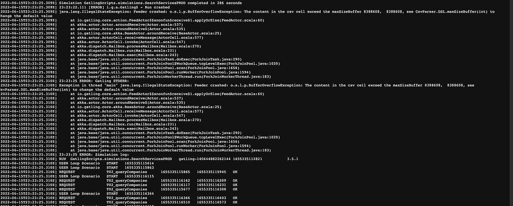 CSV Feeder - batch - Bufferoverflow error - Gatling (Open-Source) - Gatling