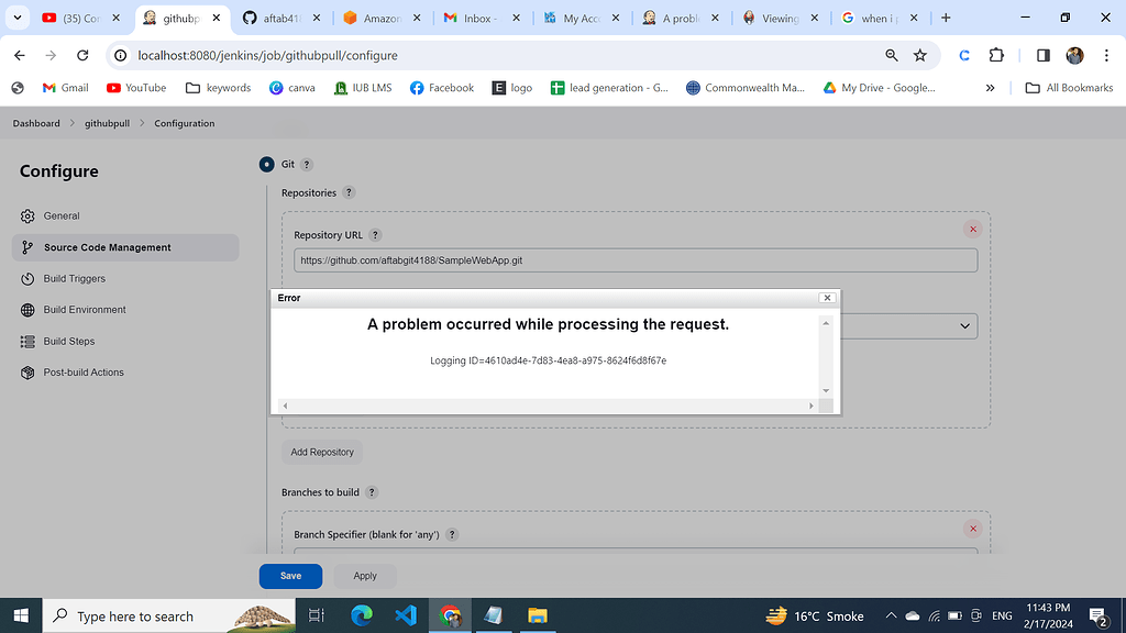 Jenkins in Apache Tomcat reports error when I apply a repository URL ... Jenkins in Apache Tomcat reports error when I apply a repository URL ...