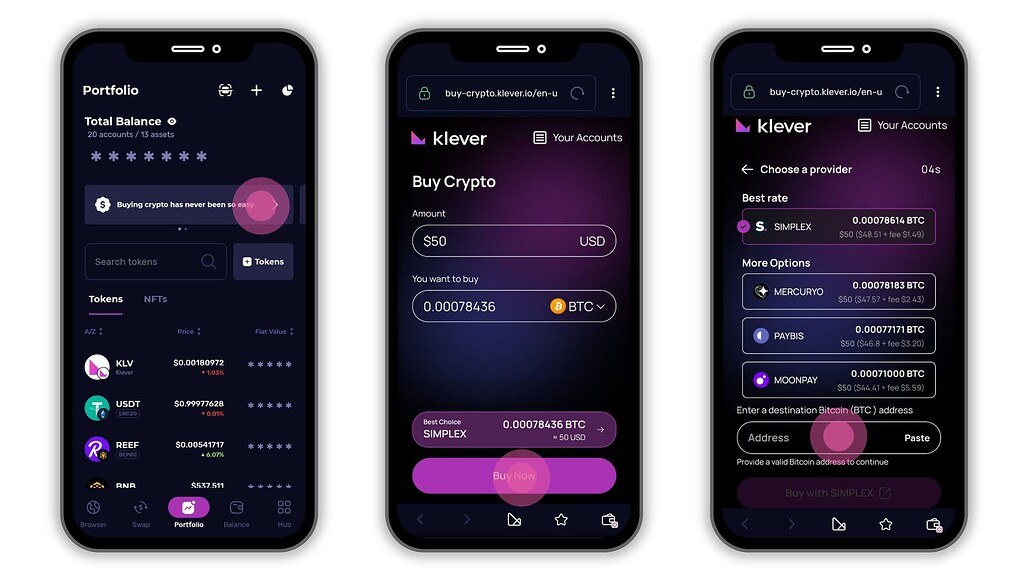 How to buy Crypto with fiat on-ramp inside Klever Wallet using Simplex ...