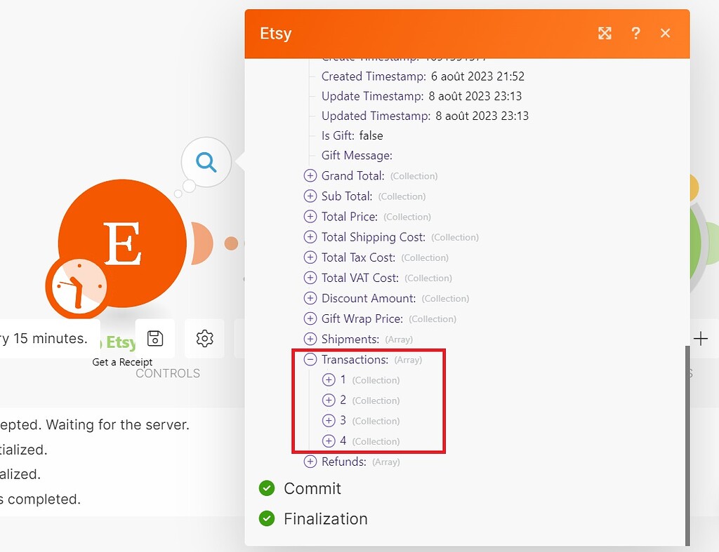 Get a receipt from Etsy and Iterate 4 collection from an array to add them into a Google ...