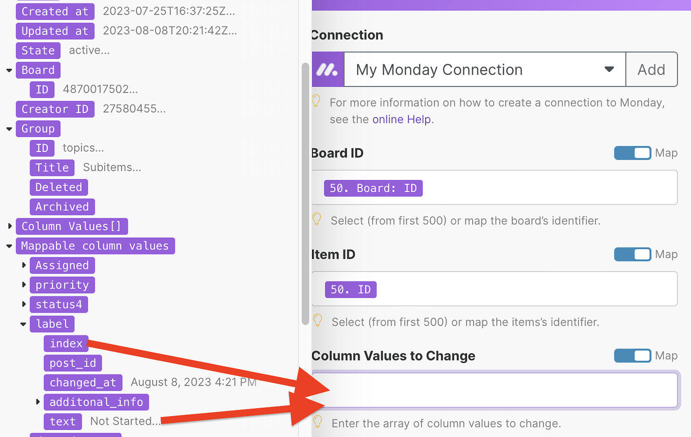 Monday.com - Update Column Values of a Specific Item - Array Index - How To - Make Community