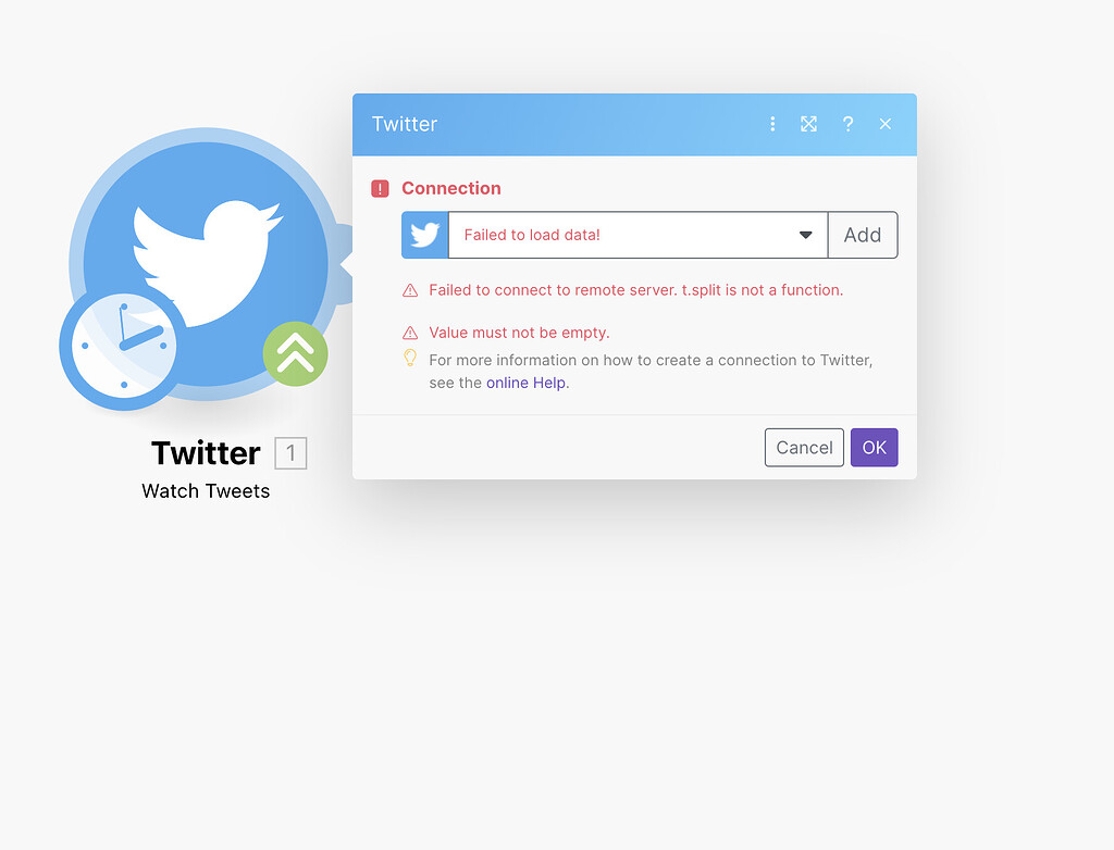 Twitter Bug "Failed to connect to remote server. t.split is not a function " - Features - Make ...
