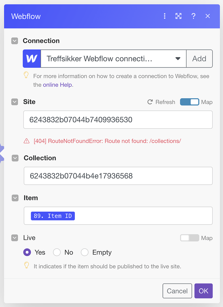 Bug with mapping Webflow Update module - Features - Make Community