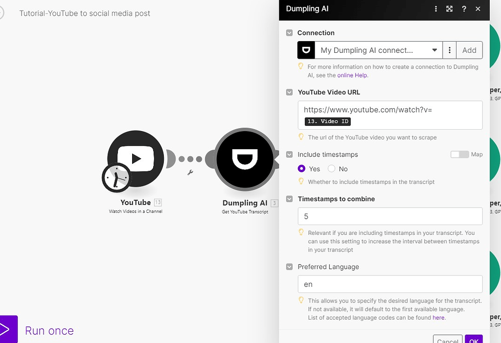 How to repurpose YouTube Transcript using Dumpling AI, ChatGPT and Make.com - Showcase - Make ...
