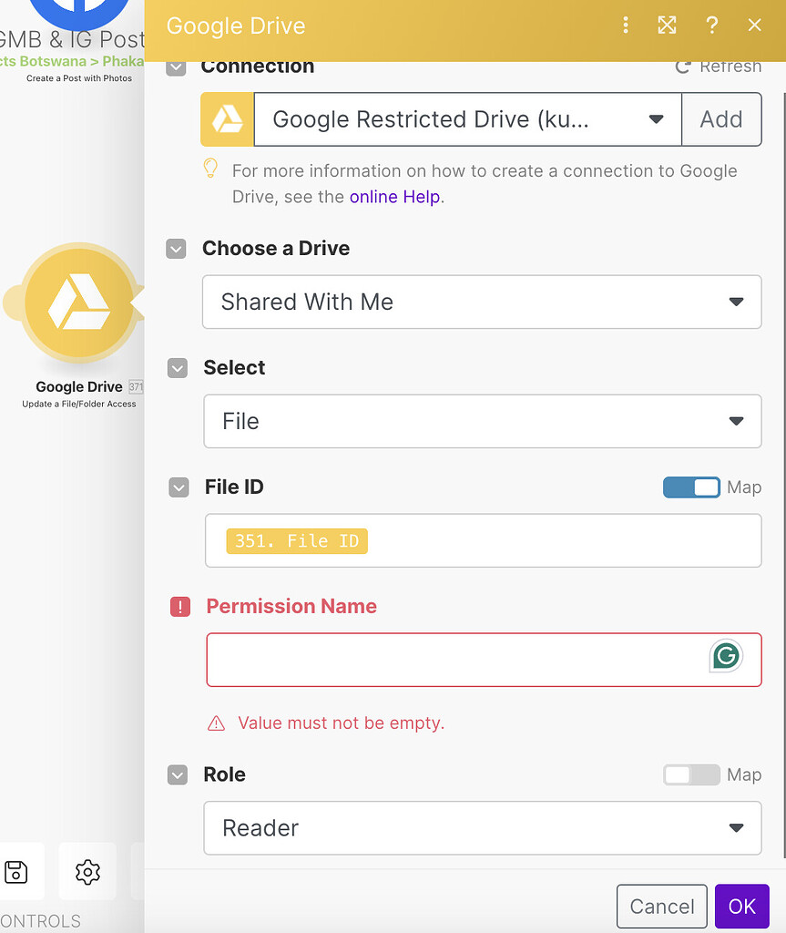 What are the values for Permission Name for the Google Drive Update a File/Folder Access module ...