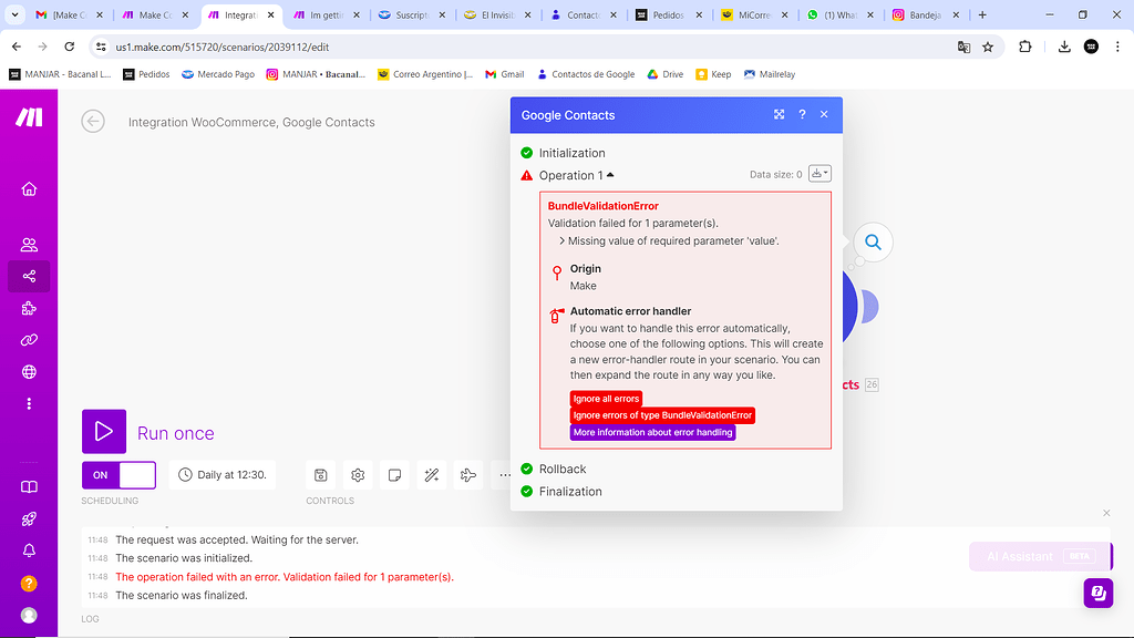 Im getting an error "4 The operation failed with an error. Validation failed for 1 parameter(s ...