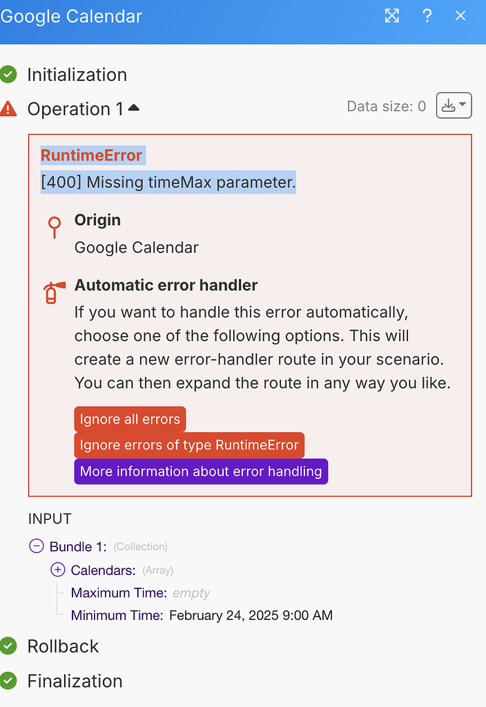 Google Calendar Free Busy RuntimeError [400] Missing timeMax parameter - How To - Make Community