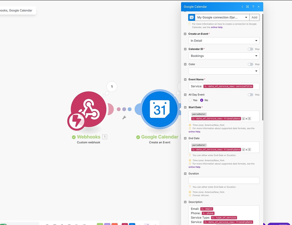The connection between Jetappointment(crocoblock) using a webhook and Google Calendar is not ...