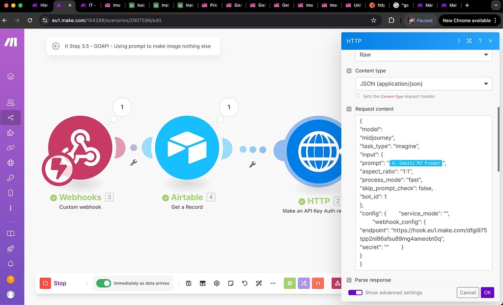 Midjourney "Make an API Call" with GOAPI module fails in scenario but works individually - How ...