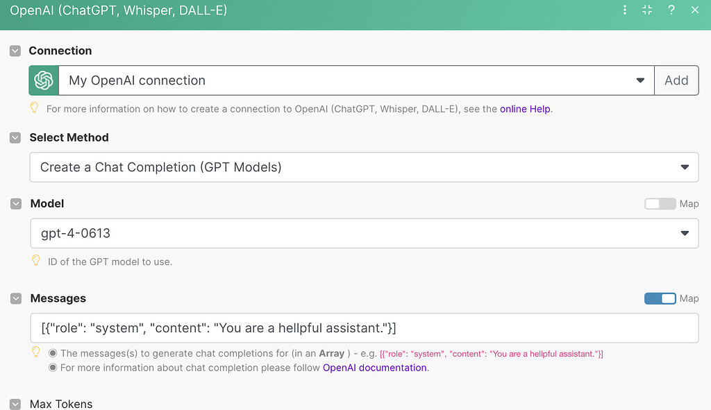OpenAI Chat - Create Completion - Map JSON Array for Messages - Features - Make Community
