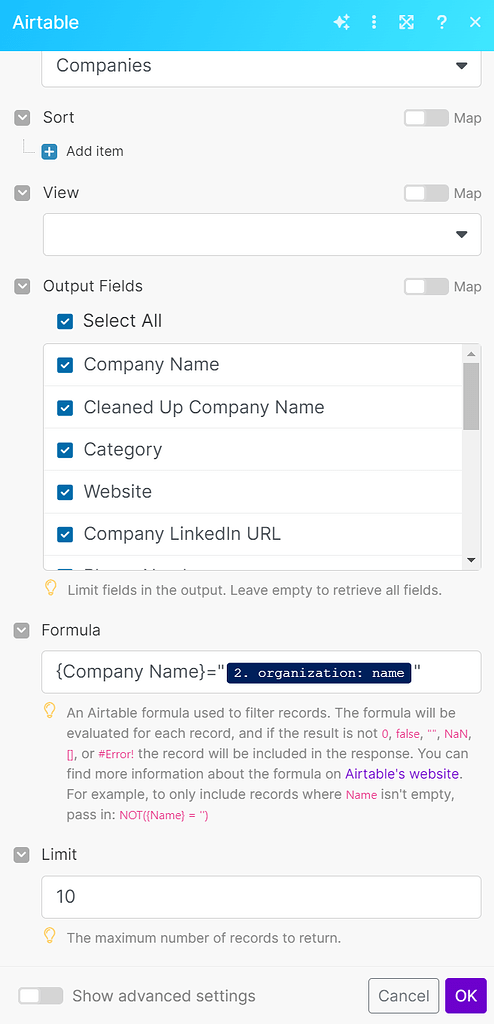 Using The Airtable Search Module But For String That Contains Certain Text Nor For The Exact