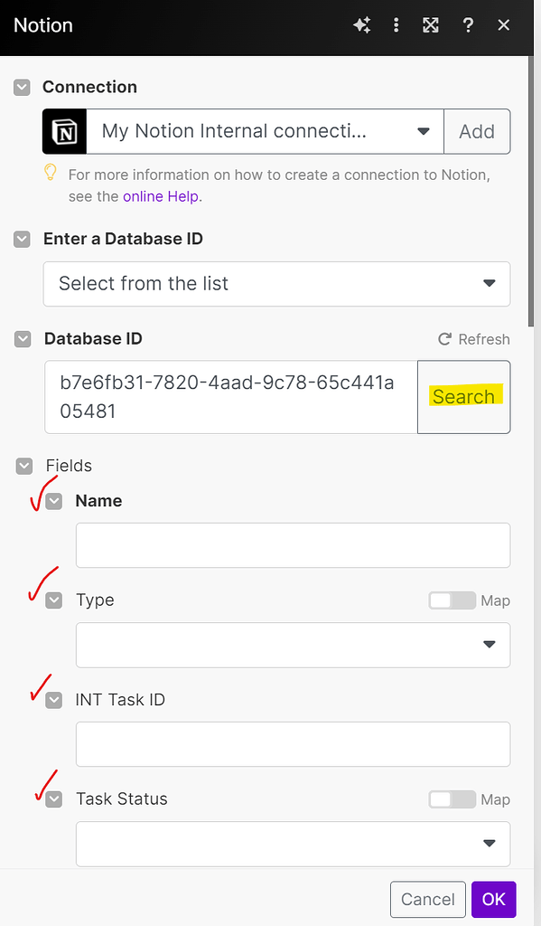 NOTION create/update module cannot find the where to place the values when mapping - How To ...