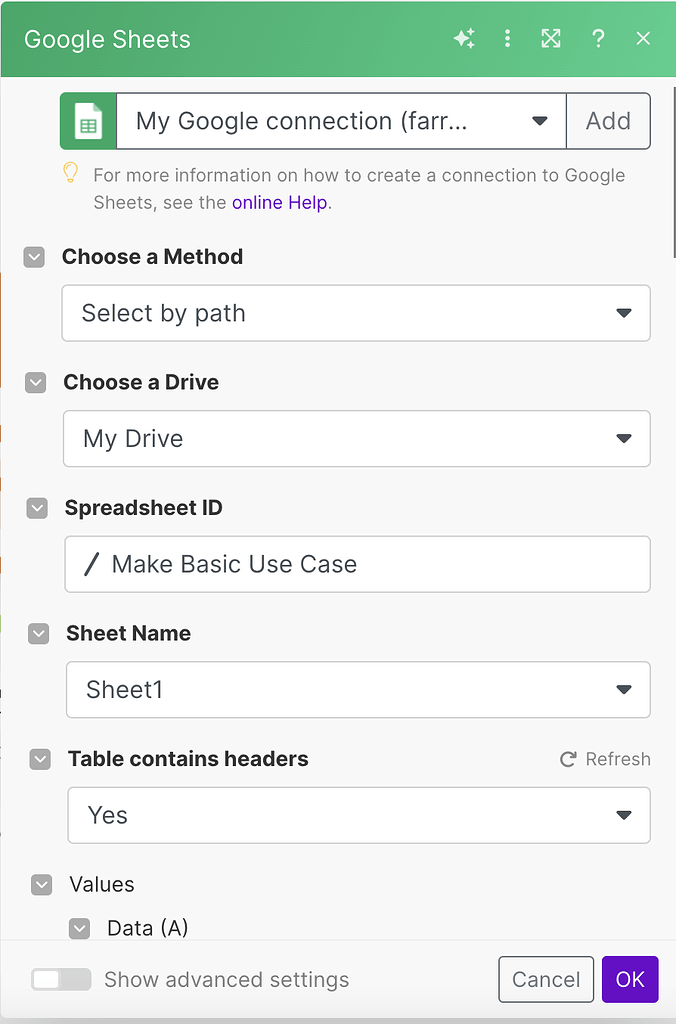 Make basic use case tutorial - google sheets connection not working - Getting Started - Make ...