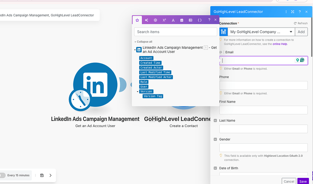 I am trying to connect LinkedIn event to make a contact in HighLevel - Getting Started - Make ...