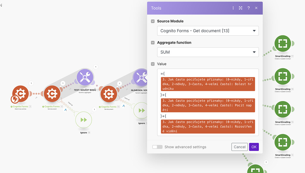 How to make a basic SUM (x+x+x..) function in Make? Is it possible to use Numeric Agreggator ...
