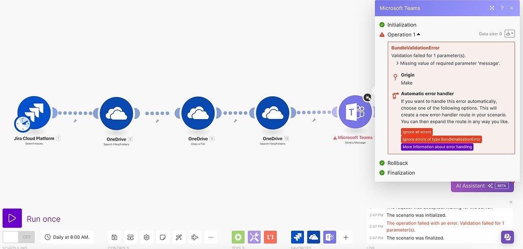BundleValidationError | Teams Channel | Send a message - Questions - Make Community