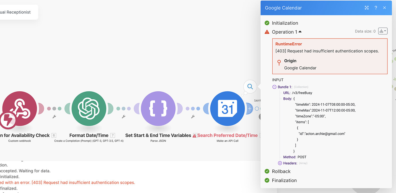 Issue with Google Calendar Module: Error 403 "Request had insufficient authentication scopes ...