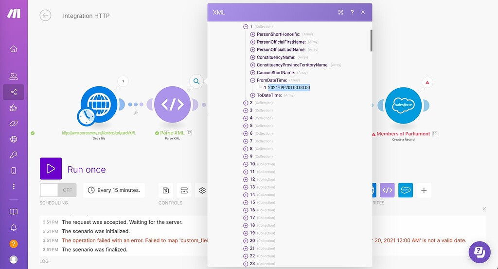 Salesforce Create Record Scenario :"Function 'formatDate' finished with error! 'September 20 ...