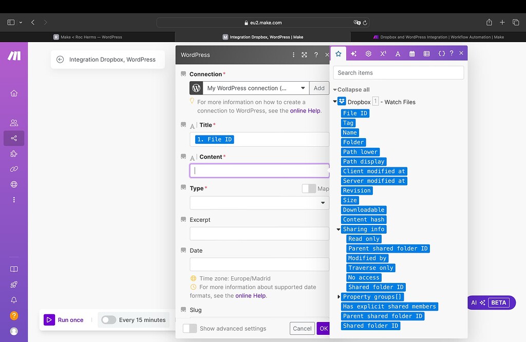 Help How To Create A Scenario Post On Wordpress Images Uploaded To Dropbox Getting Started 