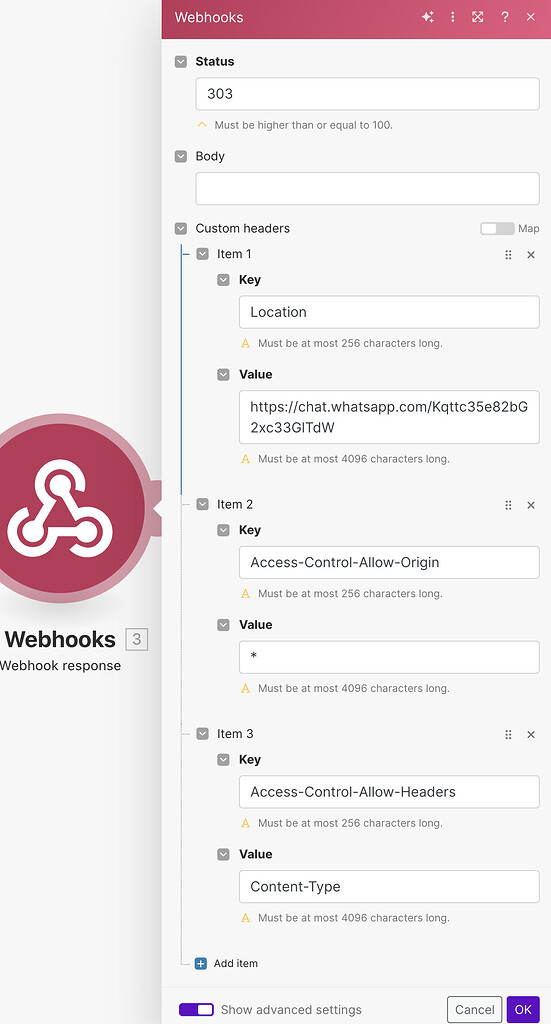 Webhook and WhatsApp invite CORS error - How To - Make Community