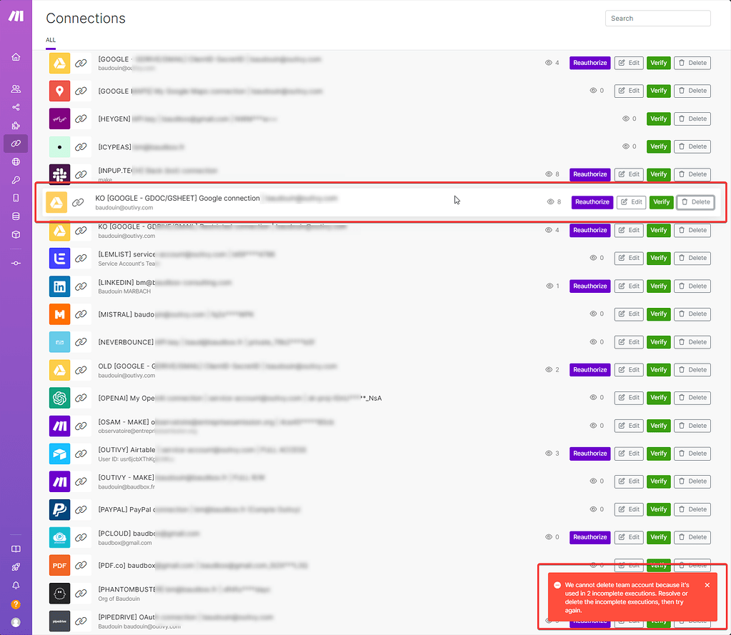 [TIPS] "We cannot delete team account because it's used in 2 incomplete executions" > How to ...