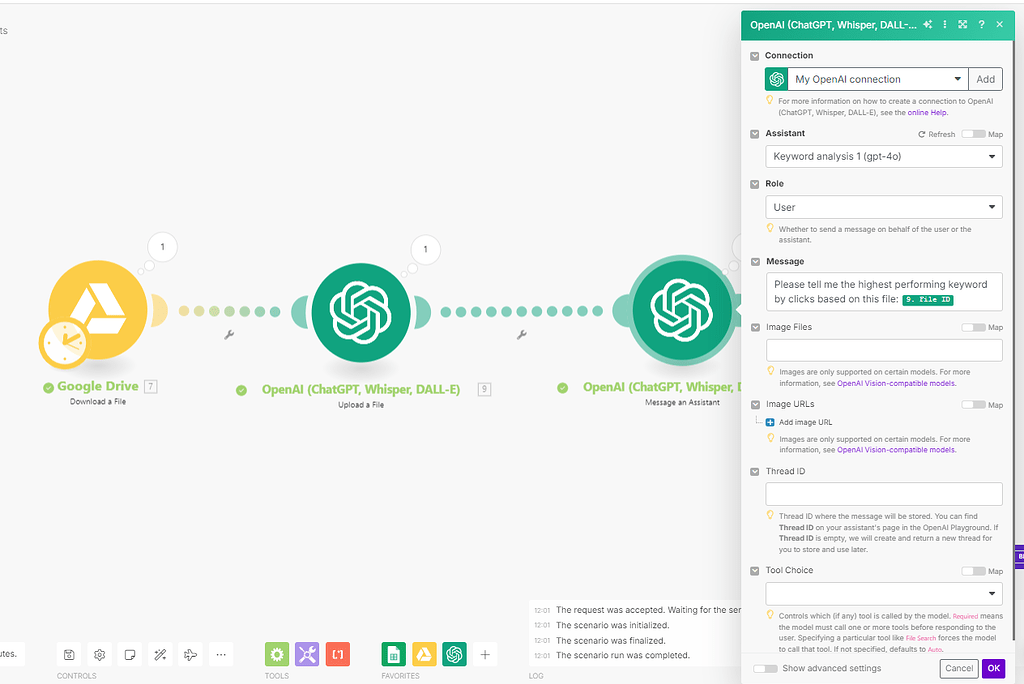 Help! Google Drive > Get CSV file - Upload to OpenAI module for analysis. Can't get it to work ...