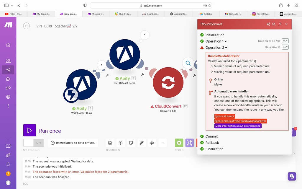 Missing value of required parameter 'url' from Apify to CloudConvert - Getting Started - Make ...