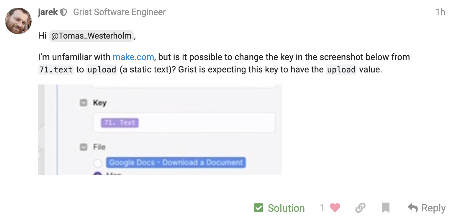 "missing payload" error on Grist API Upload attachments to a doc - How To - Make Community