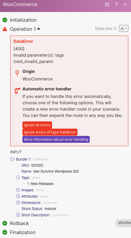 WooCommerce - tag or category error - [400] Invalid parameter(s): tags (rest_invalid_param ...
