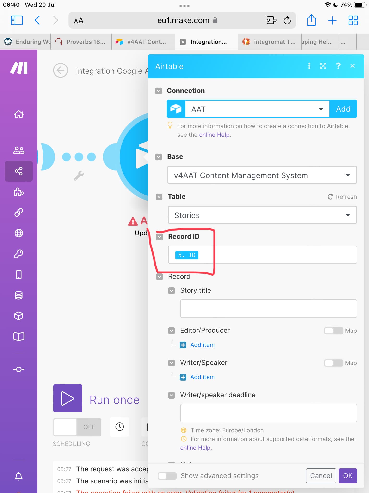 Airtable Update record - Validation failed for 1 parameter(s) - Getting Started - Make Community