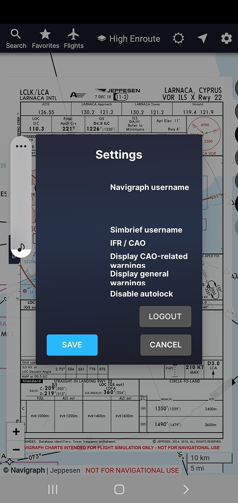 Cannot change aettings on android app - Android - Navigraph