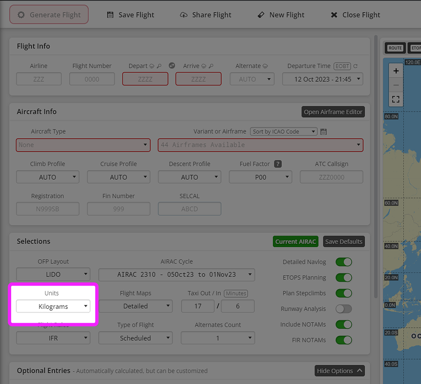 Selecting units (kg or lb) in the dispatch - Dispatch - Navigraph