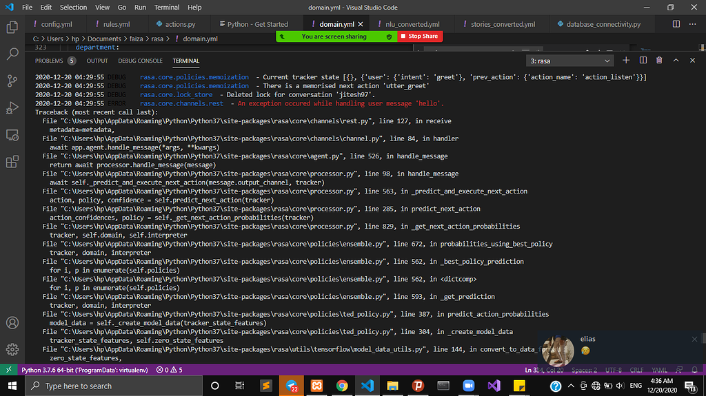 Valuerasa.core.channels.rest - An exception occured while handling user message 'hello'. Error ...