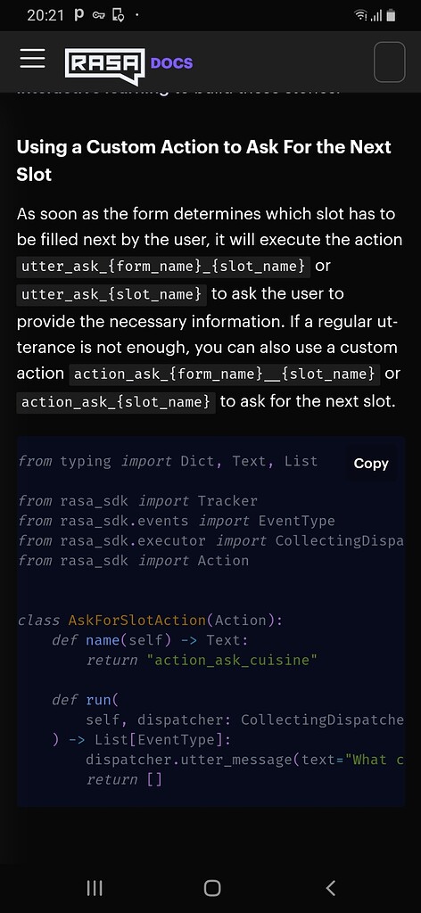 How does using custom action to ask for the next slot works in forms - Rasa Open Source - 2024-12-09