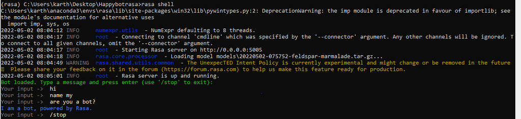 'Rasa shell' not working properly for me. It asks for input but does ... 'Rasa shell' not working properly for me. It asks for input but does ...