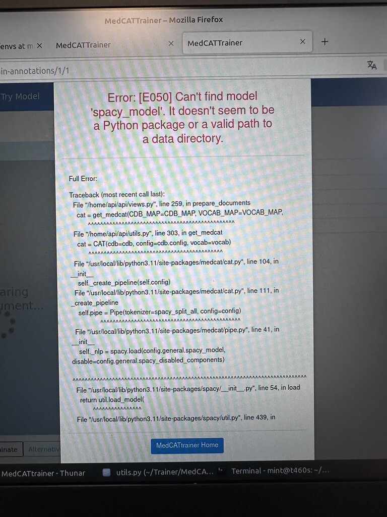 Error in MedCATtrainer Project Setup: Missing "spacy_model" - MedCAT - CogStack/MedCAT