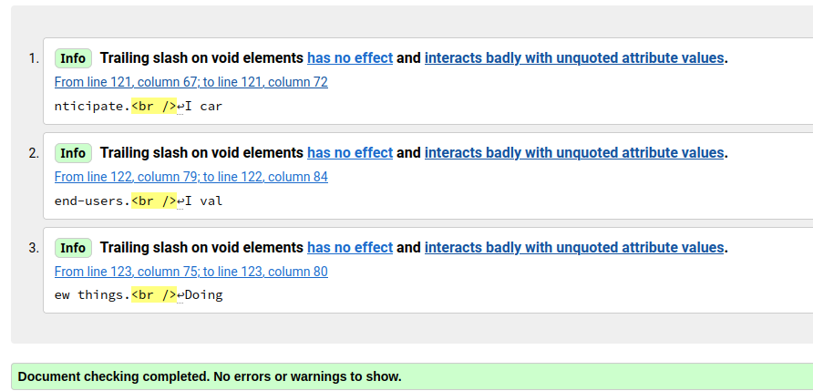 Trailing slash on void elements has no effect and interact badly with unquoted attribute values ...