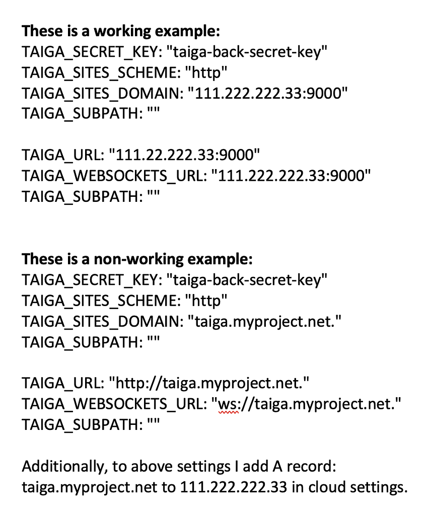 Subdomain problem settings - Troubleshooting - Taiga Community