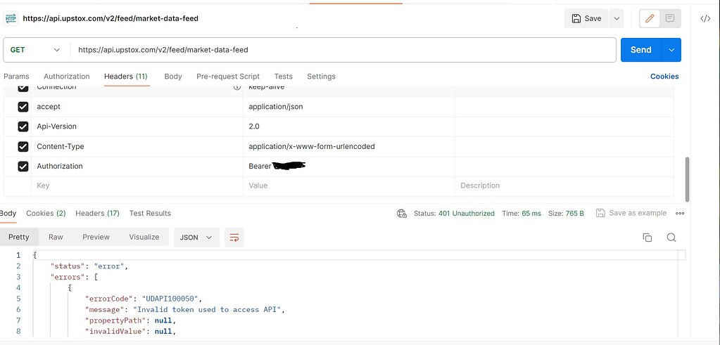 How to fetch market data, it is throwing Invalid token used to access API - Developer API ...