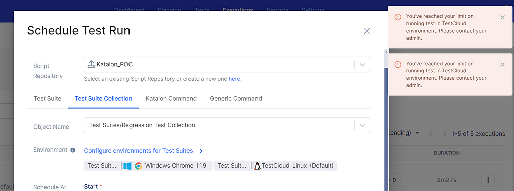 Unable to "Schedule Test Run" while trial period is still on - Katalon ...