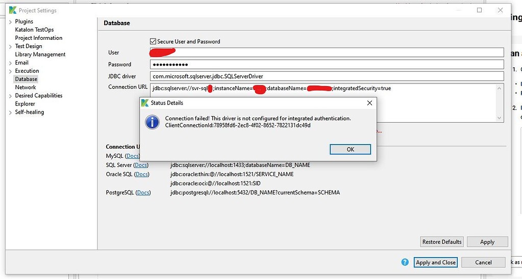 JDBC Driver not configured for Integrated Authentication error - Katalon Studio - Katalon Community